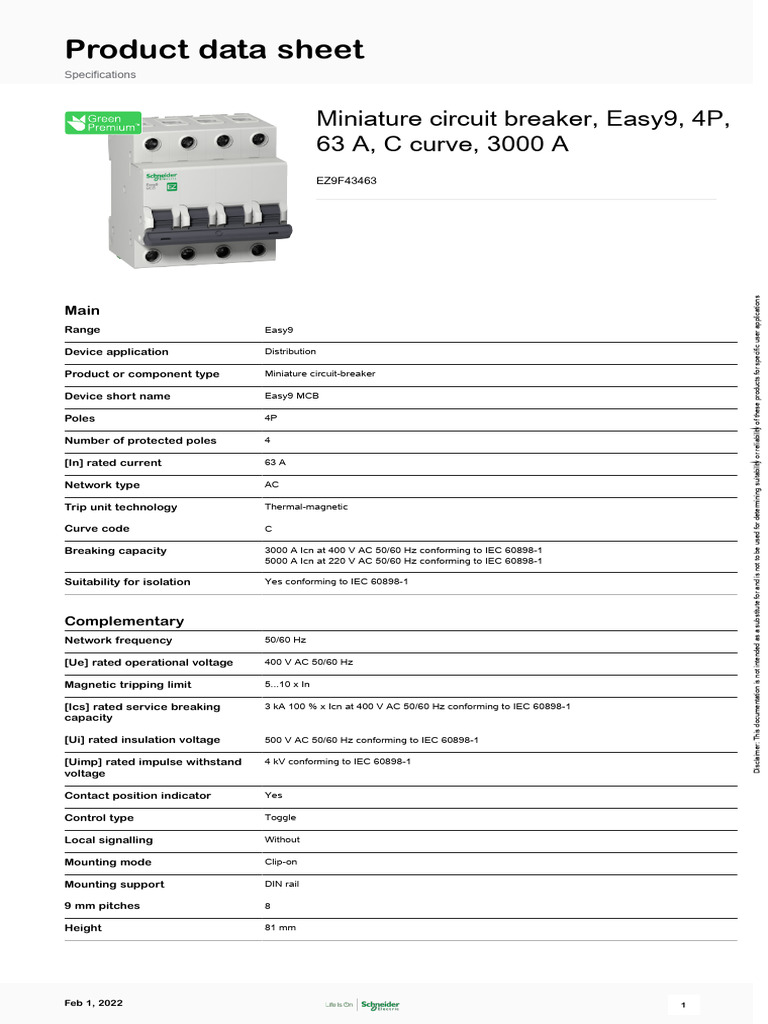 Schneider Easy9 63A MCB Data Sheet | PDF | Alternating Current | Electric Power