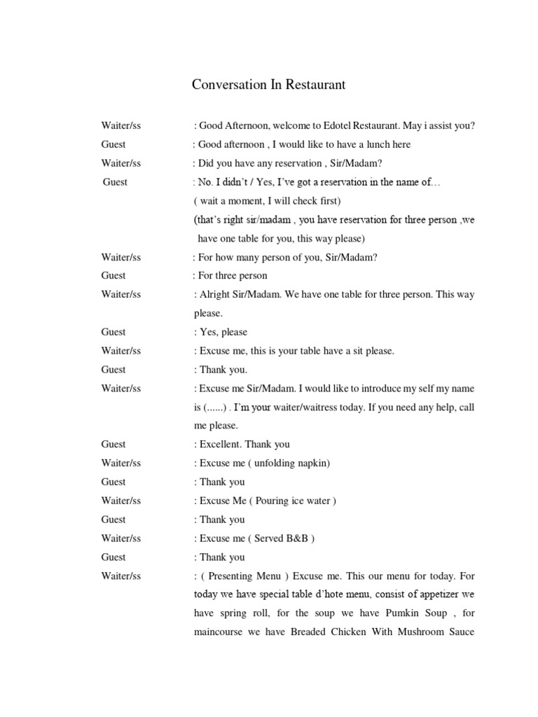 Conversation in Restaurant | PDF | Waiting Staff | Menu