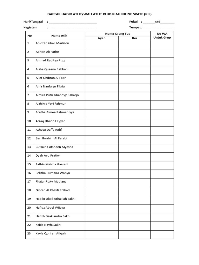 Daftar Hadir Atlit | PDF