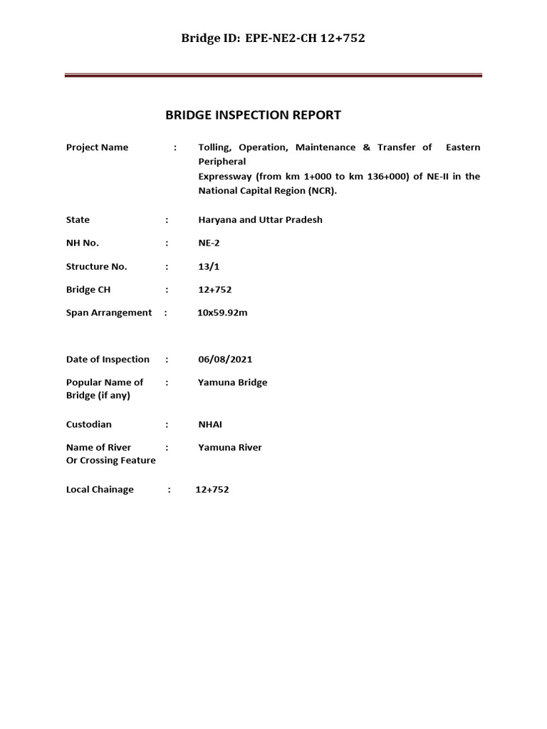 Bridge Inspection Report: Bridge ID: EPE-NE2-CH 12+752 | PDF ...