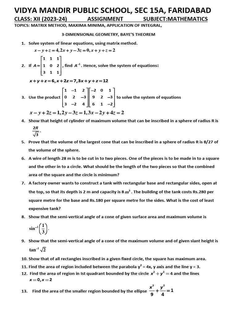 Maths Assignment Xii | PDF | Area | Sphere