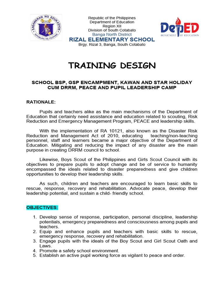 BSP GSP Peace DRRM Leadership Training Design | PDF | Emergency ...