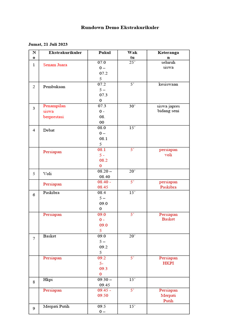Rundown Demo Ekstrakurikuler 2023-2024 | PDF