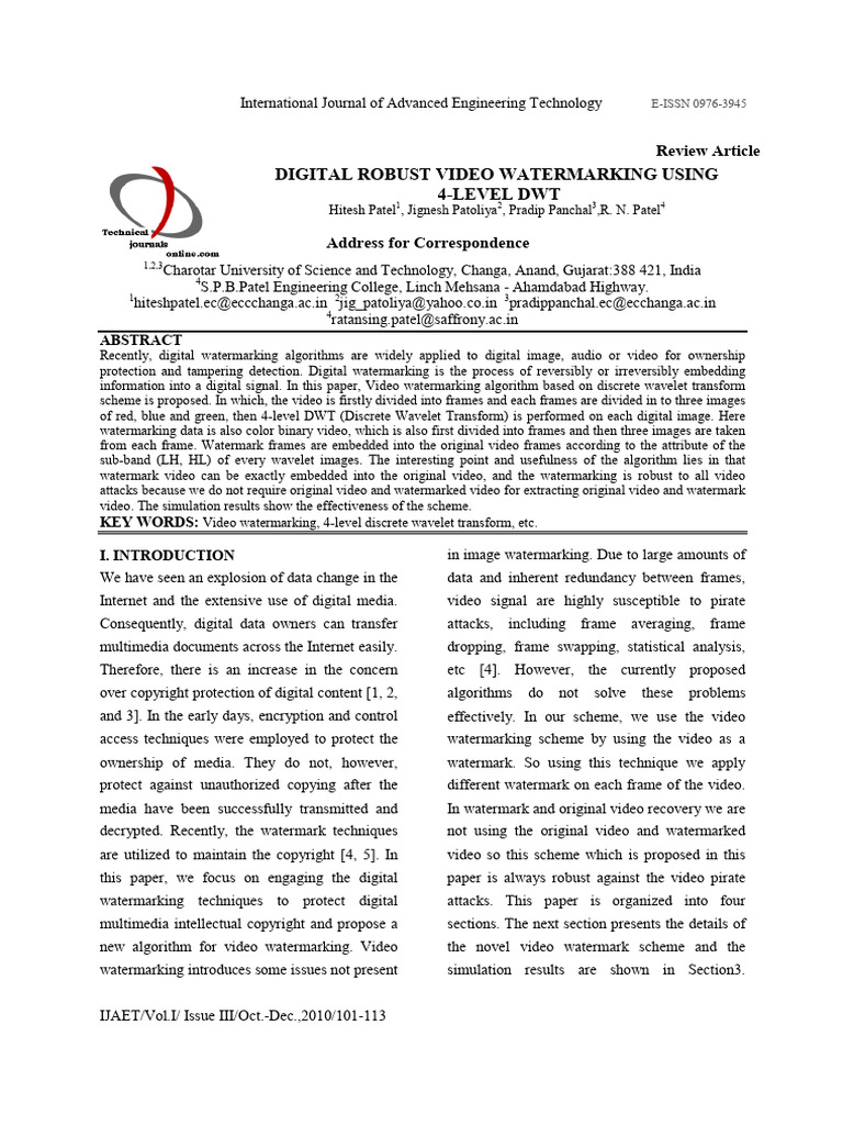 2 2010 A Digital Robust Video Watermarking Using 4 Level Dwt Pdf 0296