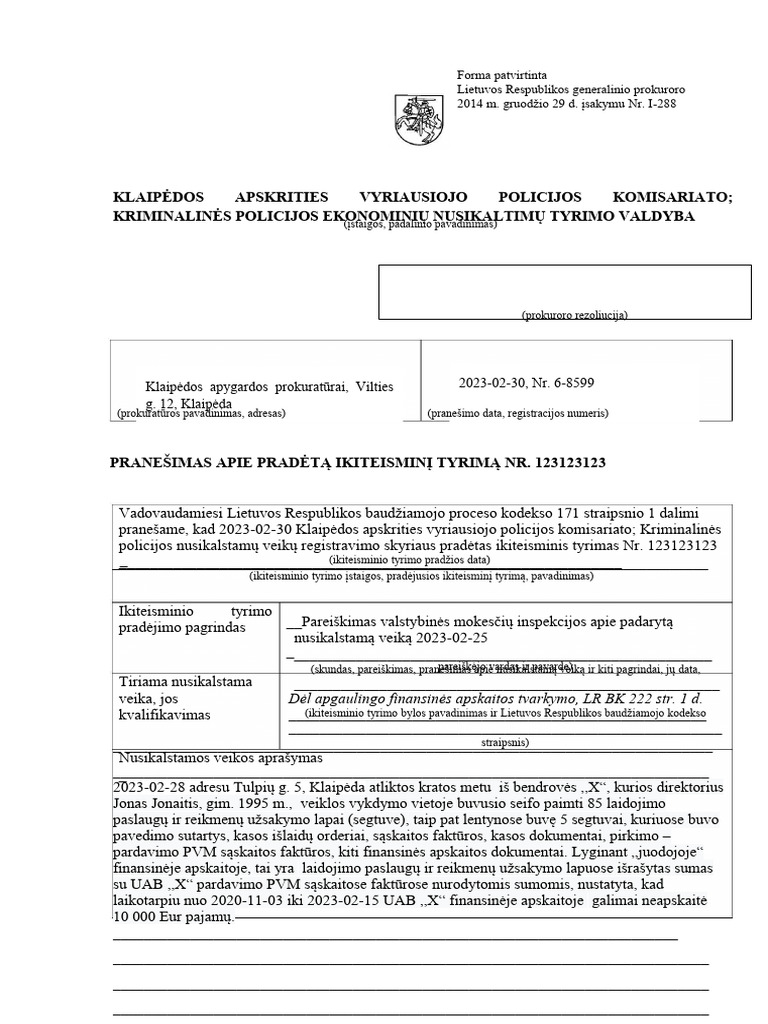 166 Pranesimas Prokurorui Apie IT Pradejima | PDF