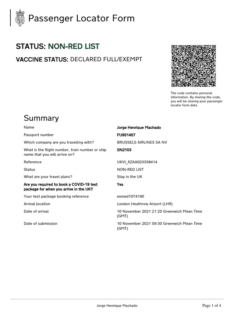 Passenger Locator Form: Non-Red List | PDF | Travel Visa | Pandemic