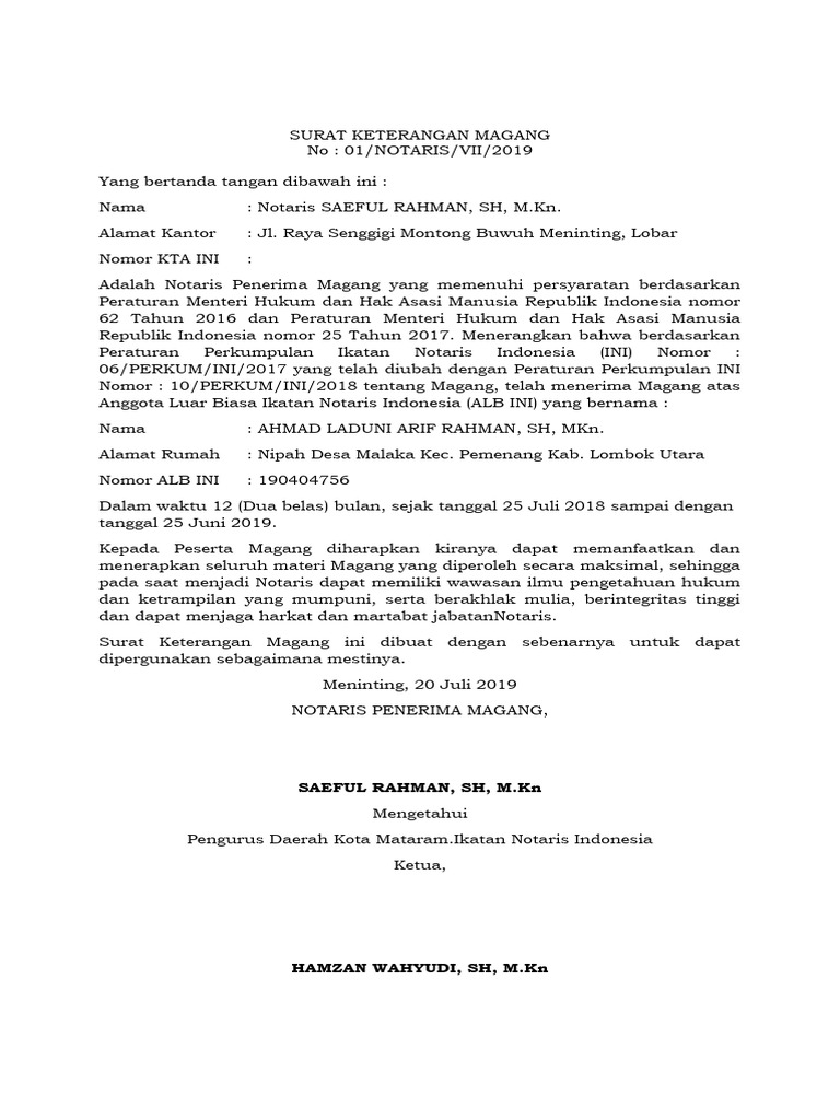 Surat Keterangan Magang Notaris | PDF