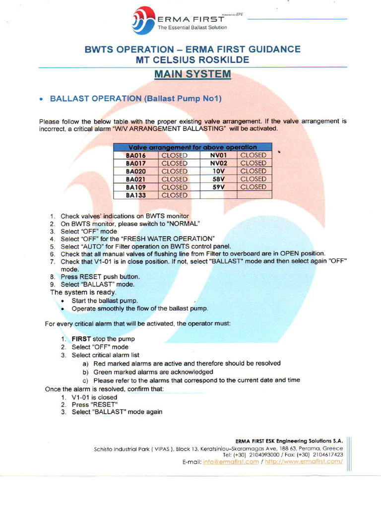 Erma First - BWTS Quick Operation Manual | PDF