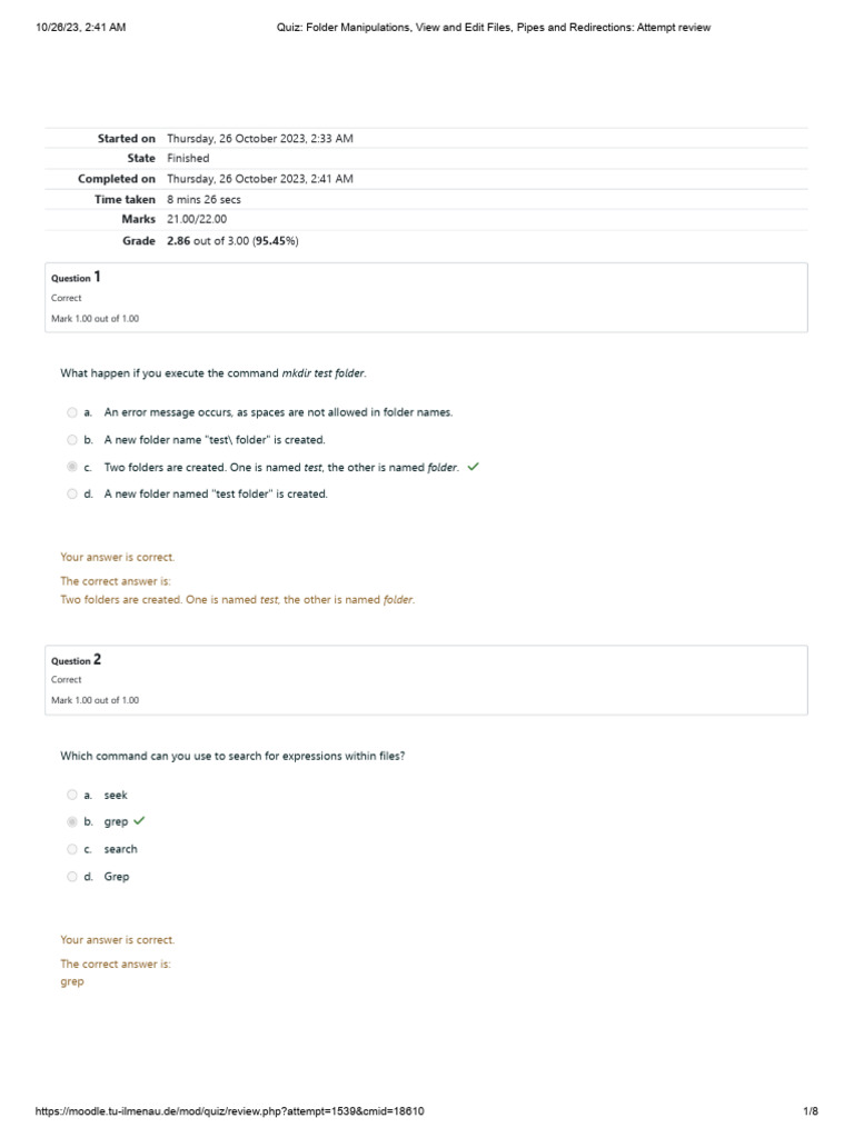 Quiz Folder Manipulations View And Edit Files Pipes And Redirections Attempt Review Pdf