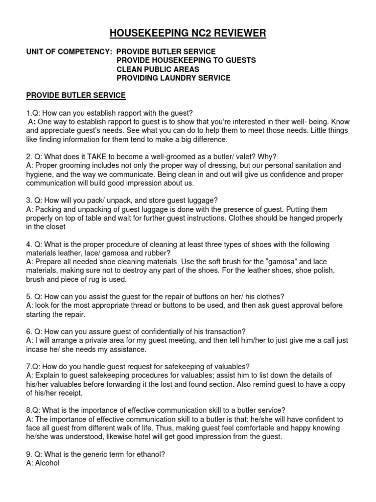 Housekeeping NC2 Reviewer | PDF | Housekeeping | Bed