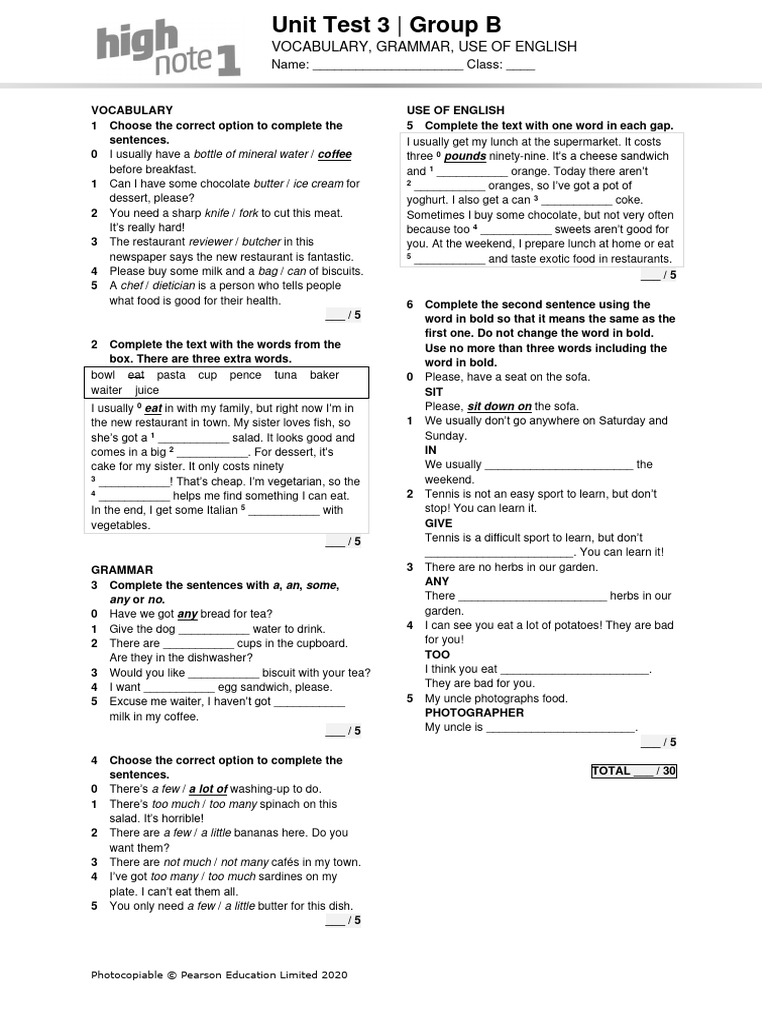 Highnote1 Unit Language Test Unit03 Groupb Pdf Lunch Cuisine
