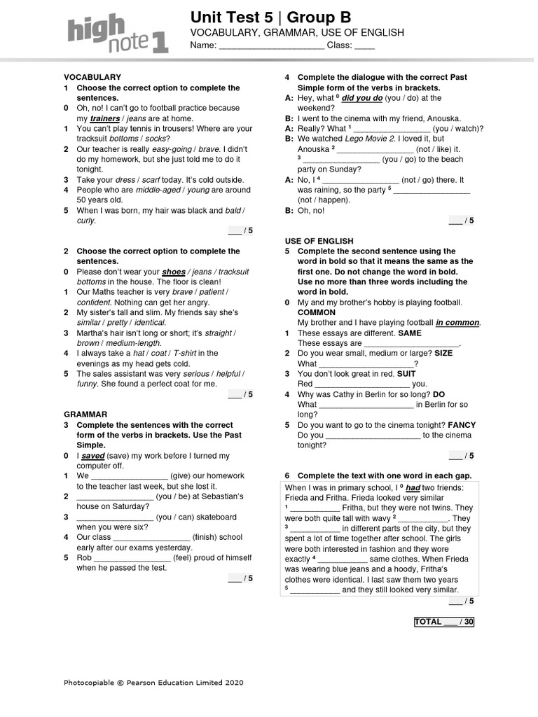 Unit Test 5: Vocabulary & Grammar | PDF | English Language | Clothing