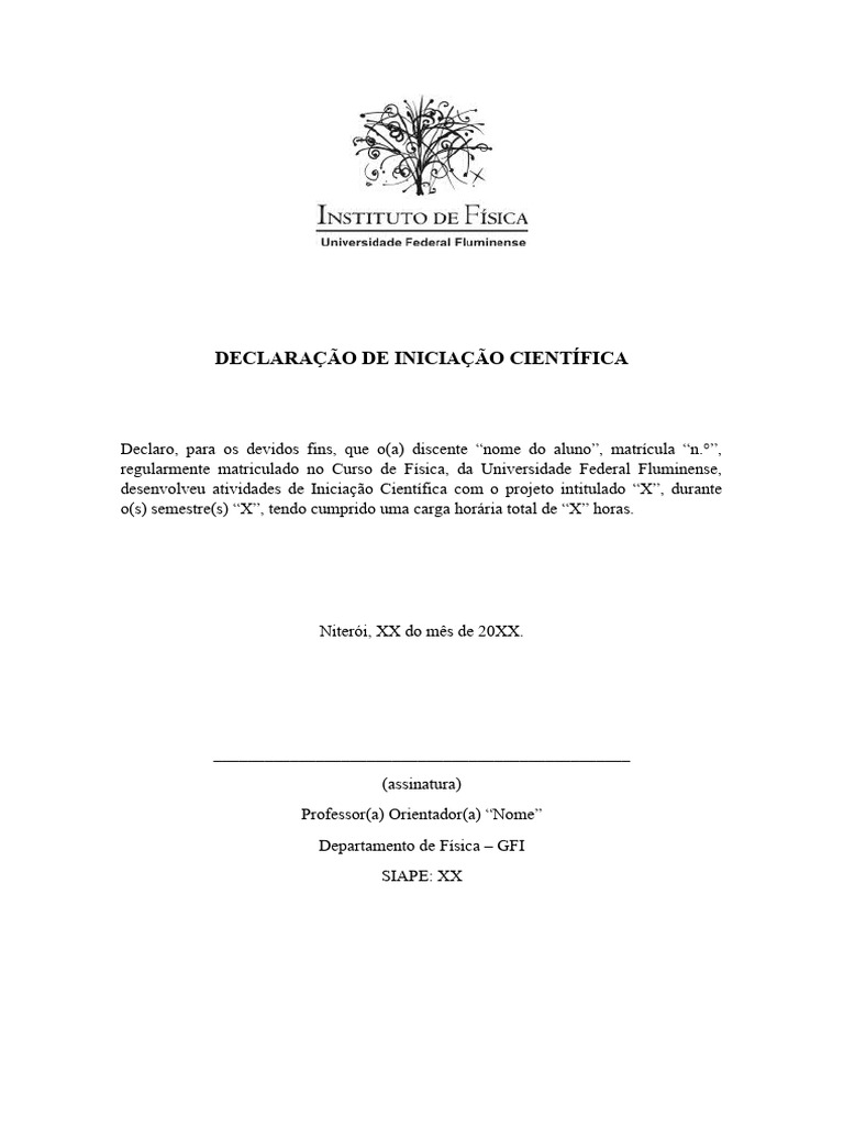 Modelo de Declaracao de Iniciacao Cientifica Instituto de Fisica | PDF Modelo de Declaracao de Iniciacao Cientifica Instituto de Fisica | PDF