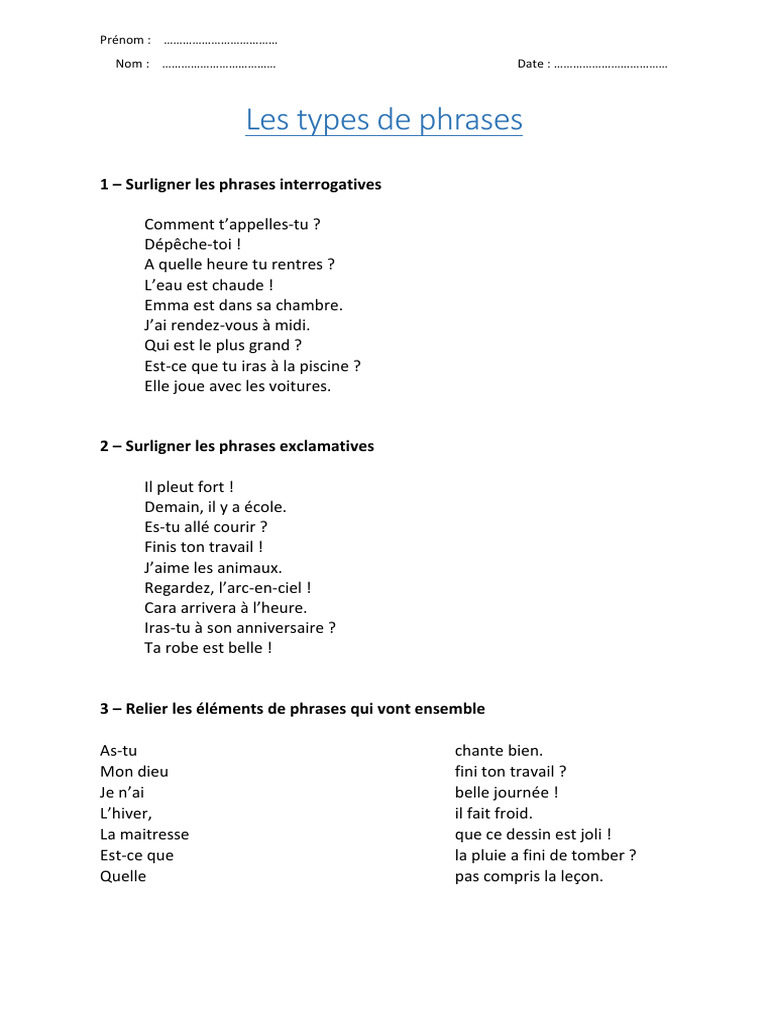 Types de Phrases CE1 : Exercices Pratiques | PDF | Arts du langage et ...