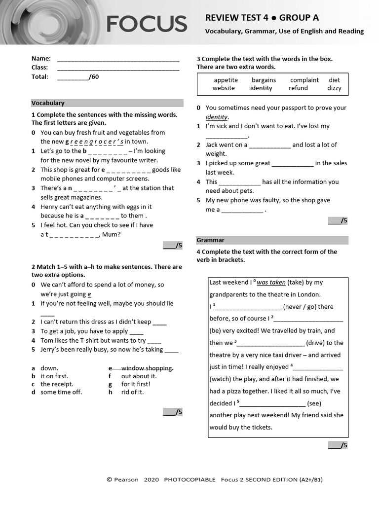 Focus2 2E Review Test 4 Units1 8 Vocabulary Grammar UoE Reading GroupA ... Focus2 2E Review Test 4 Units1 8 Vocabulary Grammar UoE Reading GroupA ...