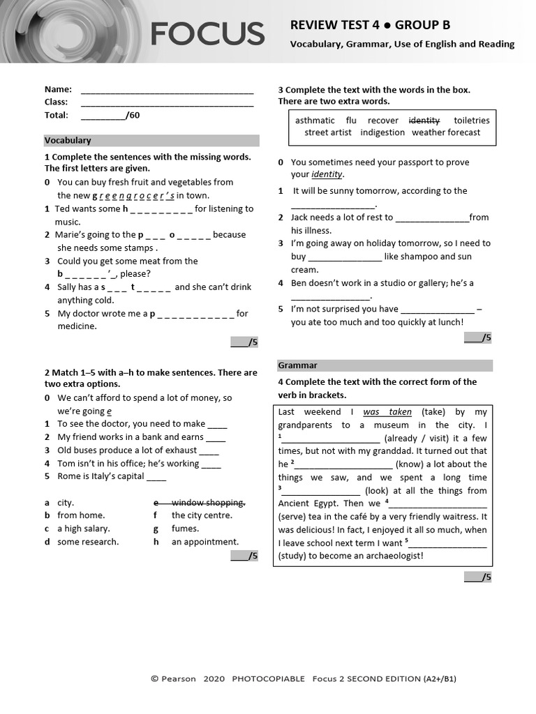 Focus2 2E Review Test 4 Units1 8 Vocabulary Grammar UoE Reading GroupB ... Focus2 2E Review Test 4 Units1 8 Vocabulary Grammar UoE Reading GroupB ...