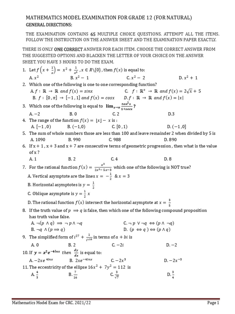 Maths Model Exam For CRC (Natural Stream) | PDF | Circle | Asymptote