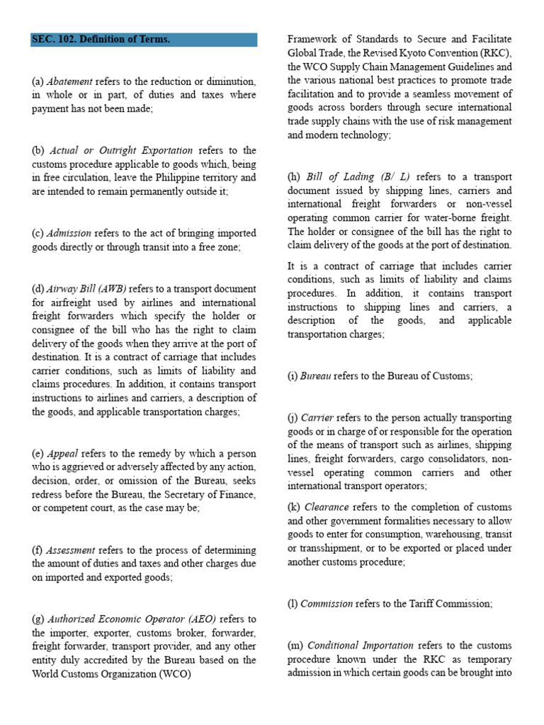 Sec. 102. Definition of Terms | PDF | Cargo | Trade