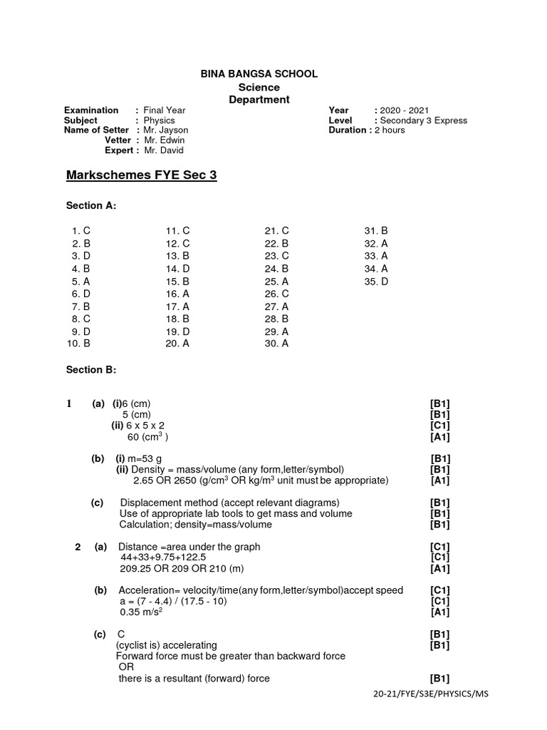 Markschemes FYE Sec 3: Science Department | PDF | Force | Density