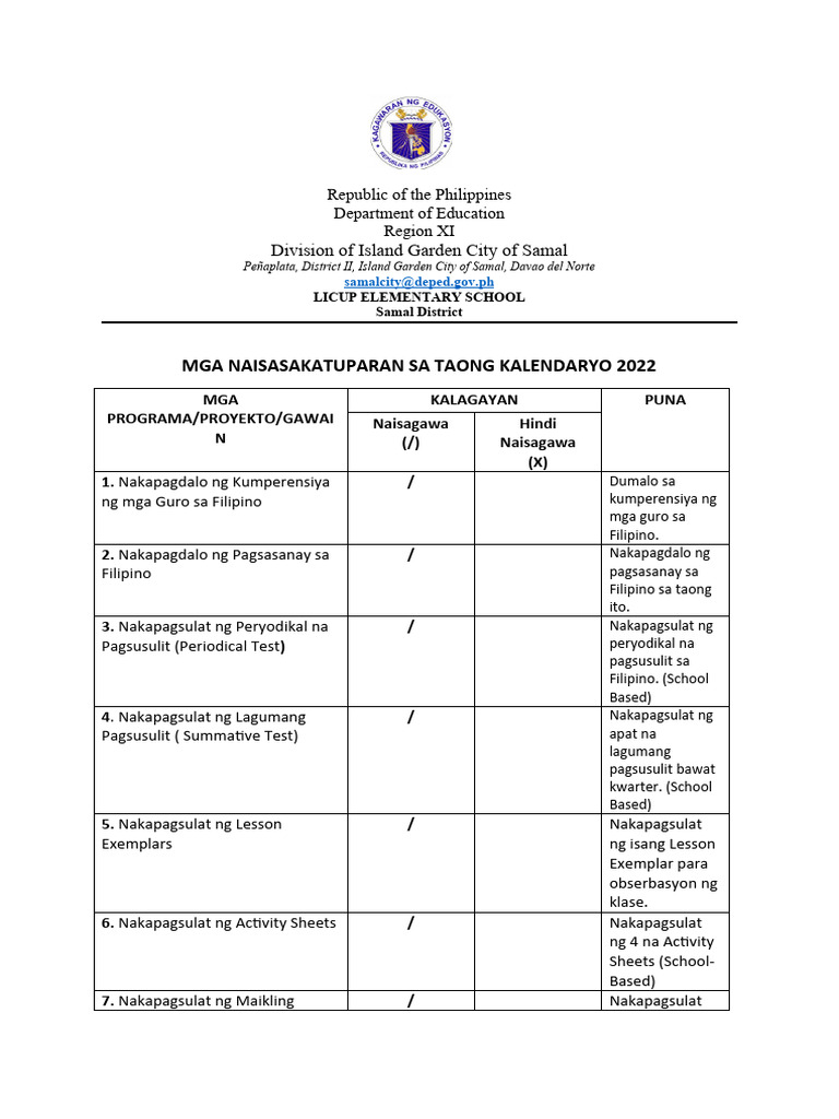 Mga Naisasakatuparan Sa Taong Kalendaryo 2023 | PDF