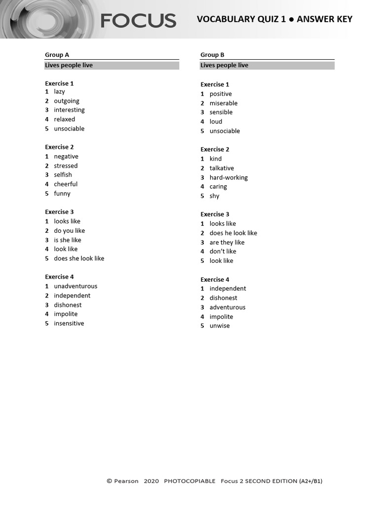 Vocabulary Quiz Answer Key A2+/B1 | PDF
