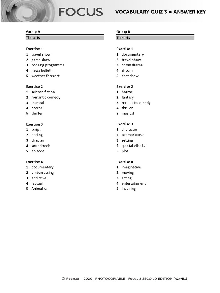 Focus2 2E Vocabulary Quiz Unit3 GroupA B ANSWERS | PDF