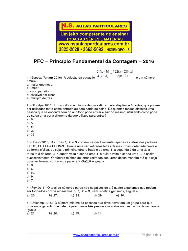 Analise Combinatoria PFC Principio Fundamental Da Contagem 20161 | PDF
