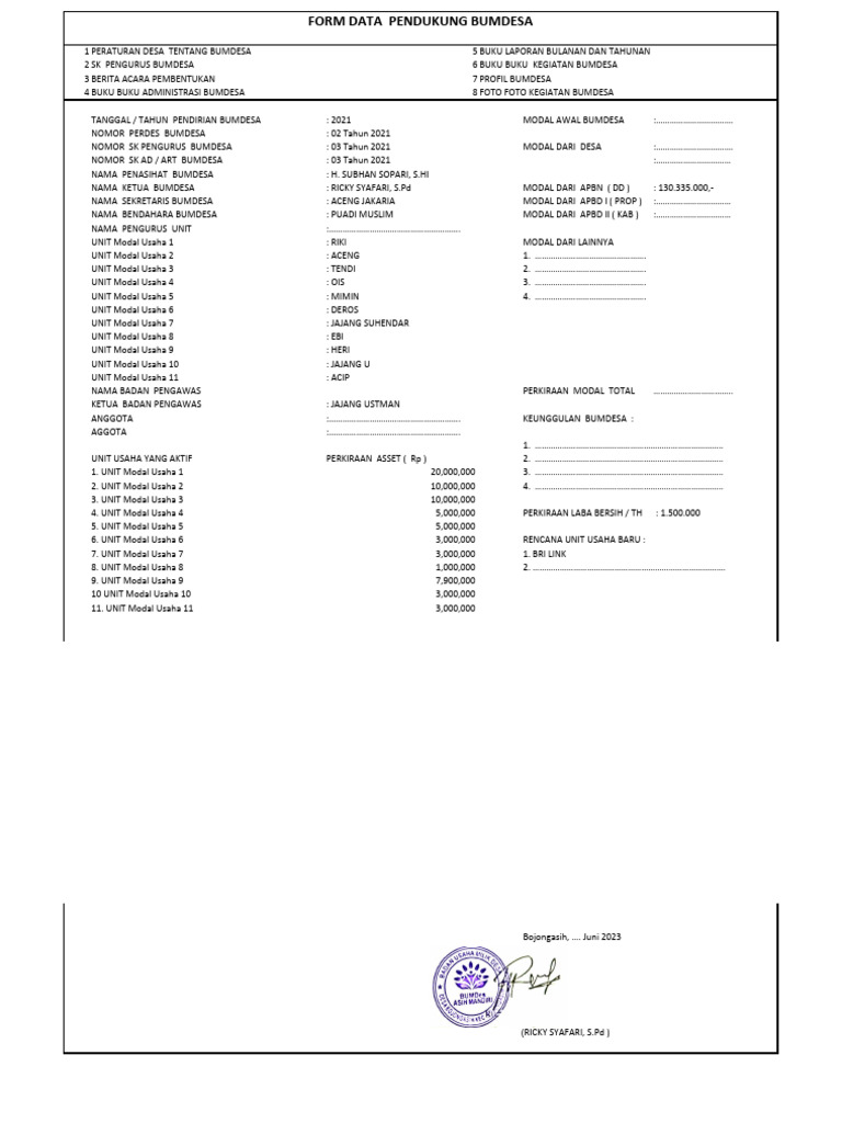 Form Monitoring Perkembangan Bumdes DS Bojongasih | PDF