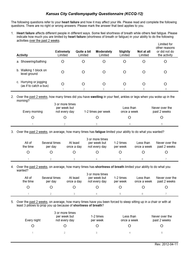 KCCQ Questionnaire | PDF | Causes Of Death | Clinical Medicine