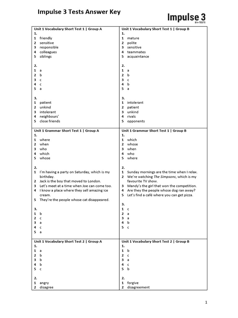 Impulse 3 Tests Answer Key | PDF