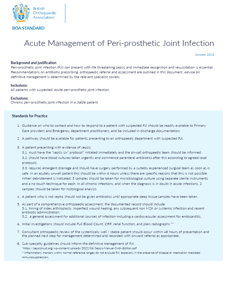 BOAST Acute Management of PJI | PDF | Sepsis | Infection