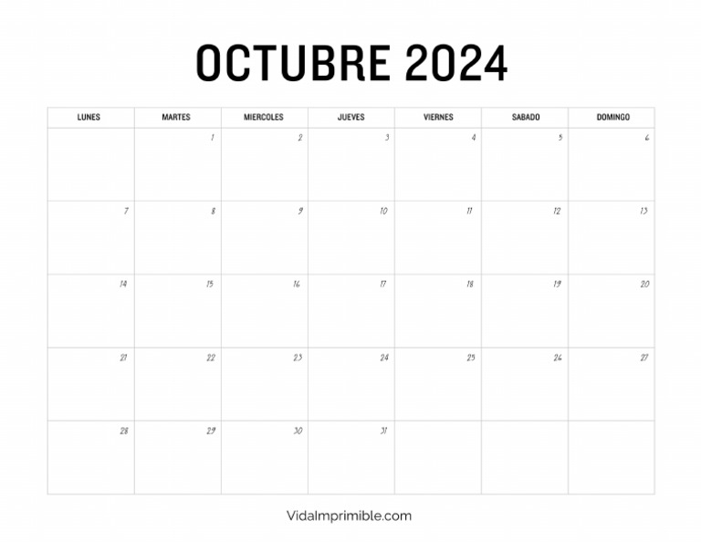 Calendario Imprimible Octubre 2024 | PDF