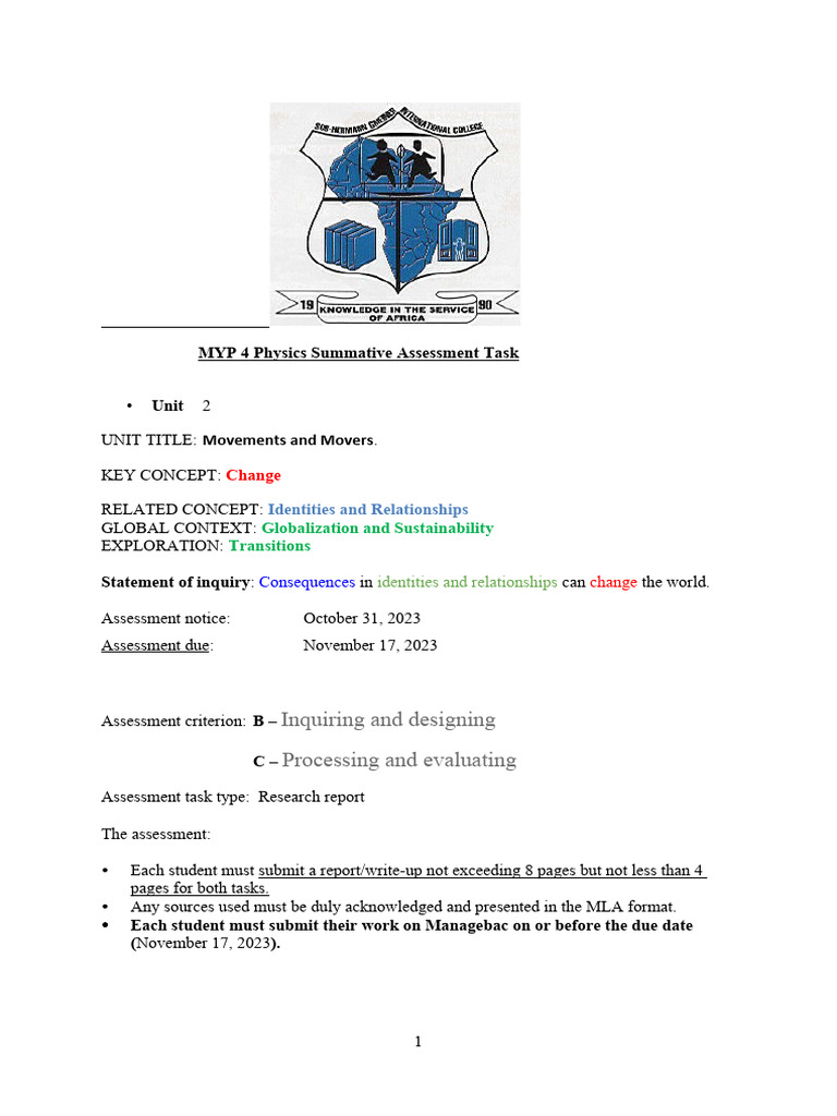 MYP 4 Summative ASS Task Unit 2 - Movement and Movers 2023-24 | PDF ...