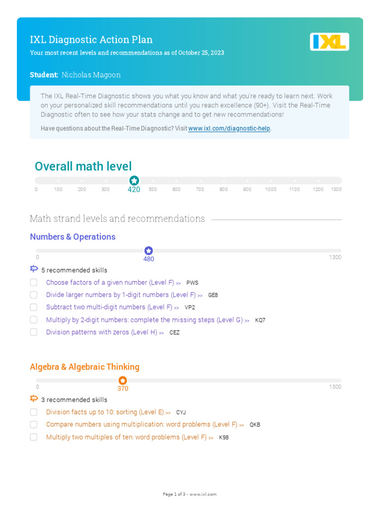 IXL Diagnostic Report - 2023 10 25 - Magoon Nicholas | PDF ...
