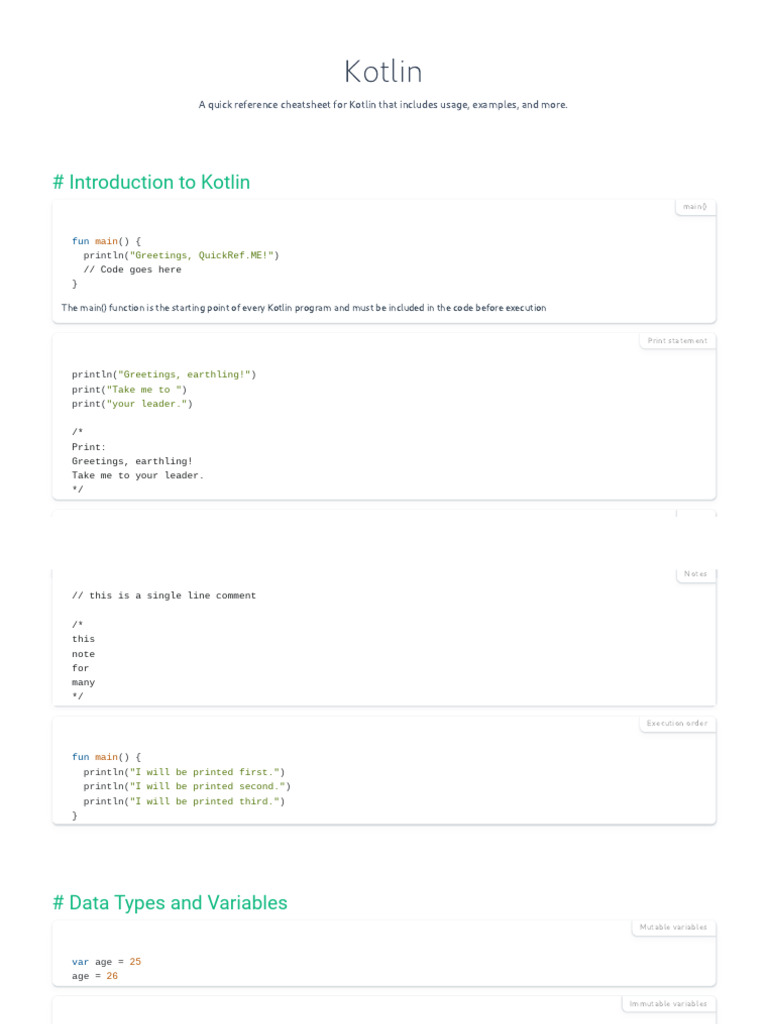 Kotlin Cheat Sheet & Quick Reference | PDF | Anonymous Function ... Kotlin Cheat Sheet & Quick Reference | PDF | Anonymous Function ...