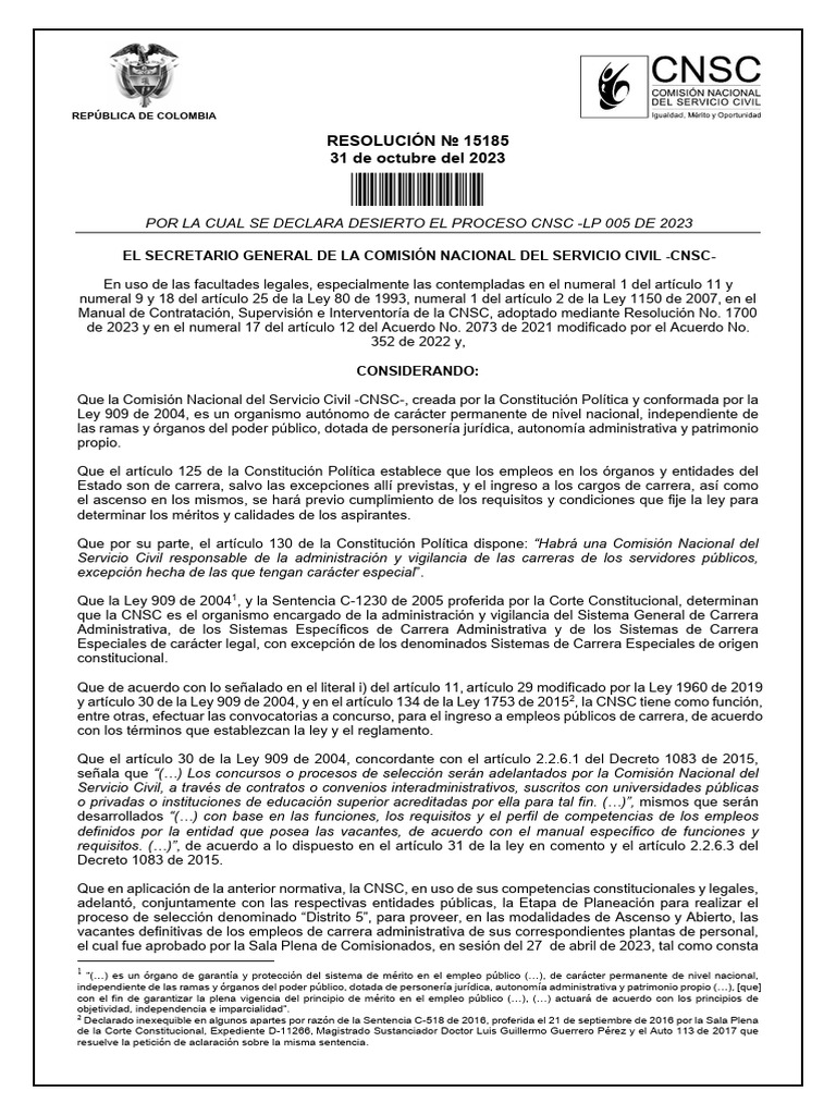 Resolución de Declaratoria Desierta LP-005 de 2023 | PDF | Sentencia (ley) | Justicia