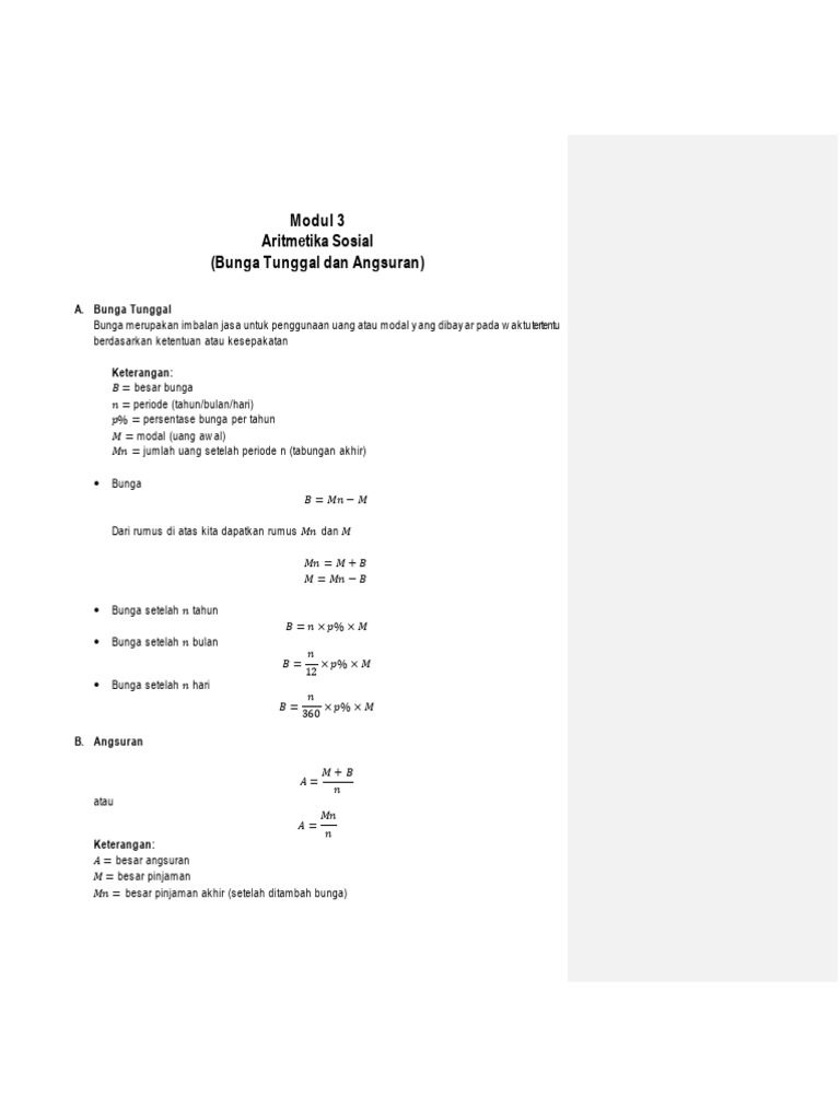 Modul 3 Aritmetika Sosial (Bunga Tunggal Dan Angsuran) | PDF