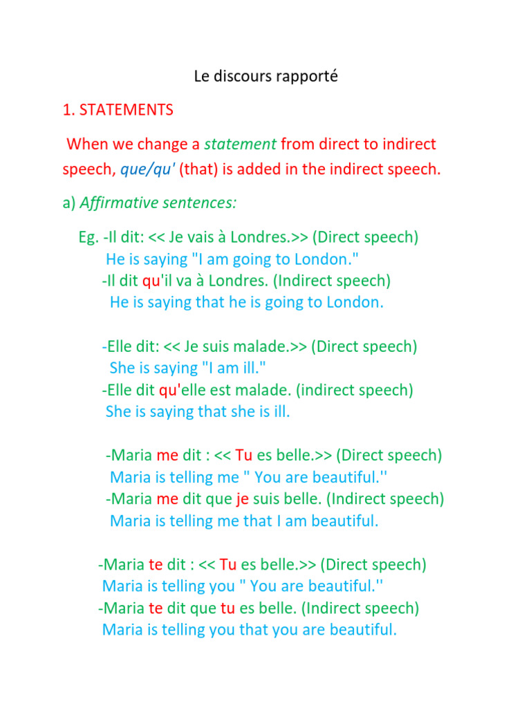 Direct vs Indirect Speech Examples | PDF | Pronoun | Question