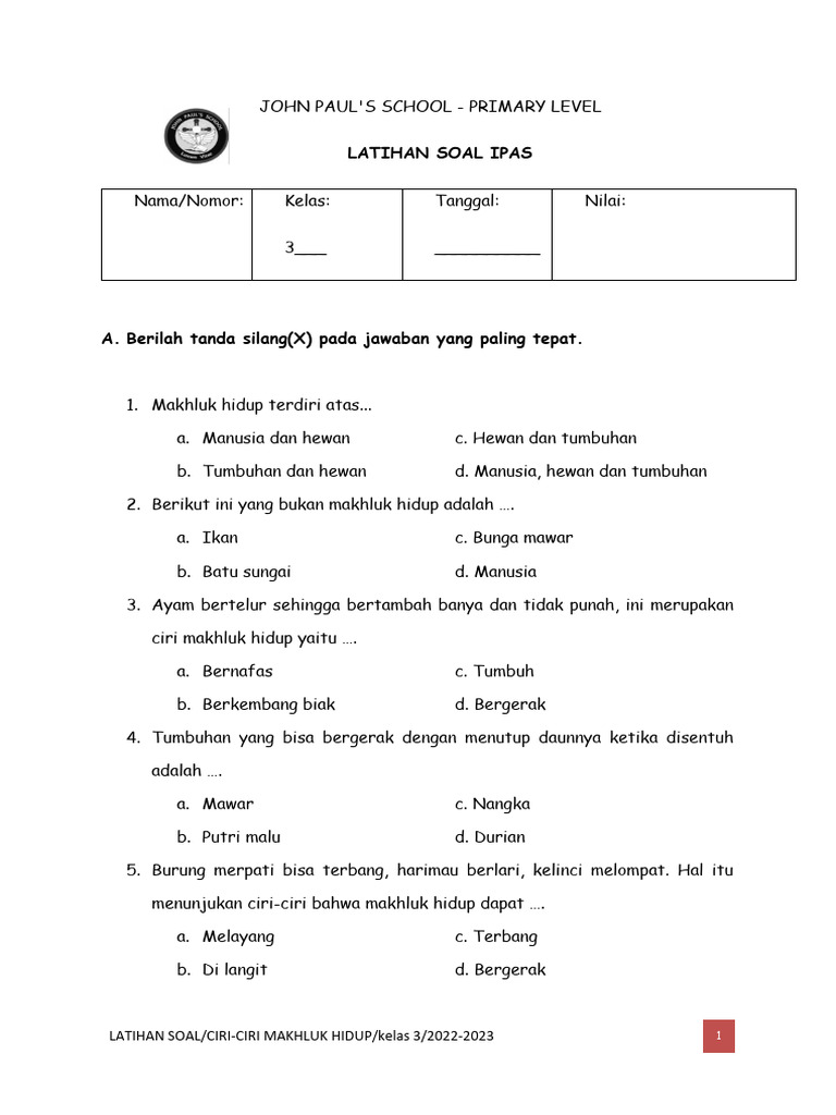 Latihan Soal 3 Ciri-Ciri Makhluk Hidup | PDF