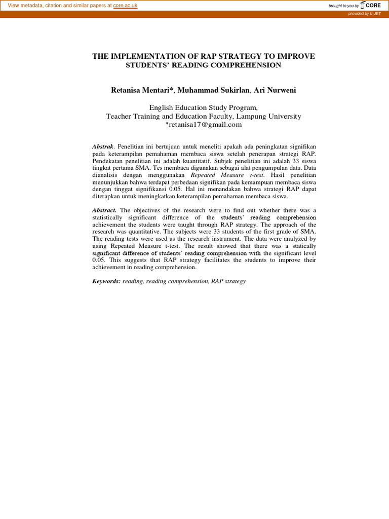 The Implementation of Rap Strategy To Improve Students' Reading ...