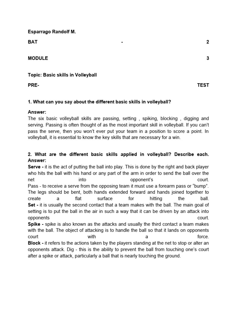 Module 3 PE4 Answer (Esparrago) | PDF | Volleyball