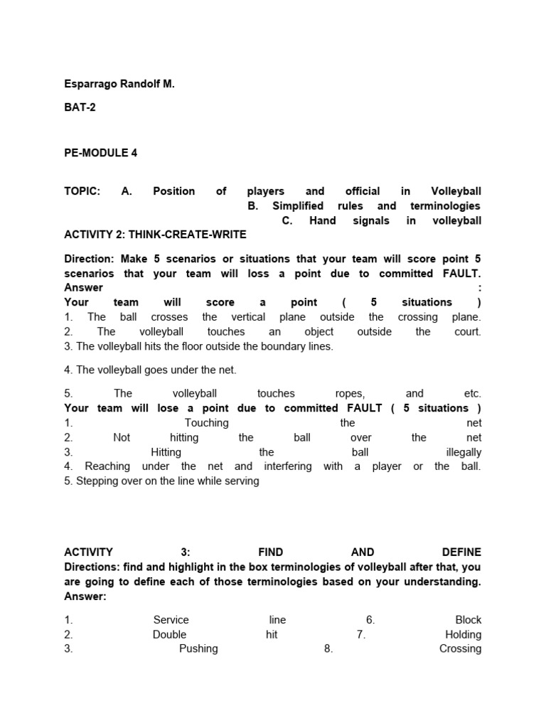 Module 4 PE4 Answer (Esparrago) | PDF | Volleyball | Sports
