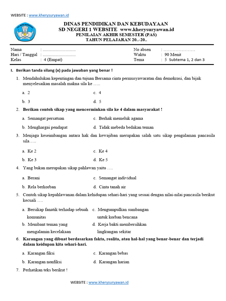 SOAL & Jawaban PAS KLS 4 TEMA 5 Ver. 1 - WEBSITE WWW - Kherysuryawan.id | PDF