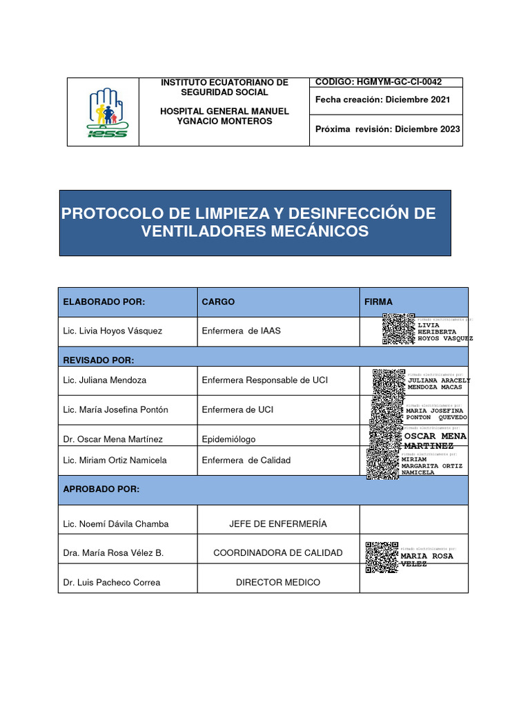 Protocolo de Limpieza y Desinfección de Ventiladores Mecánicos | PDF | Esterilización ...