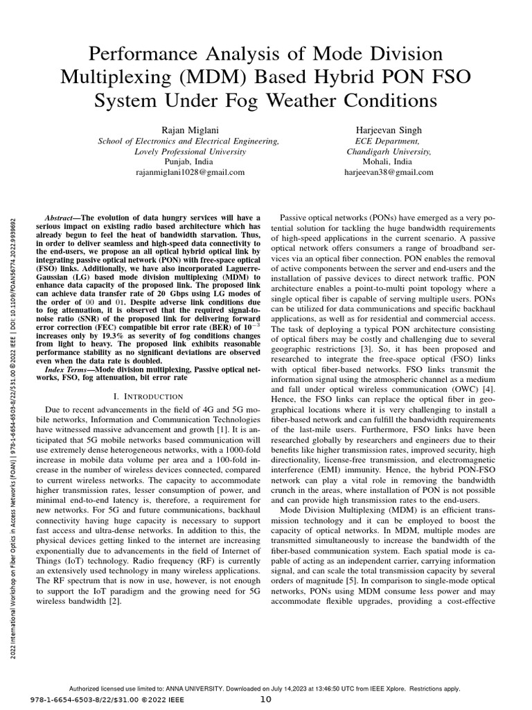 Performance Analysis of Mode Division Multiplexing MDM Based Hybrid PON FSO System Under Fog ...