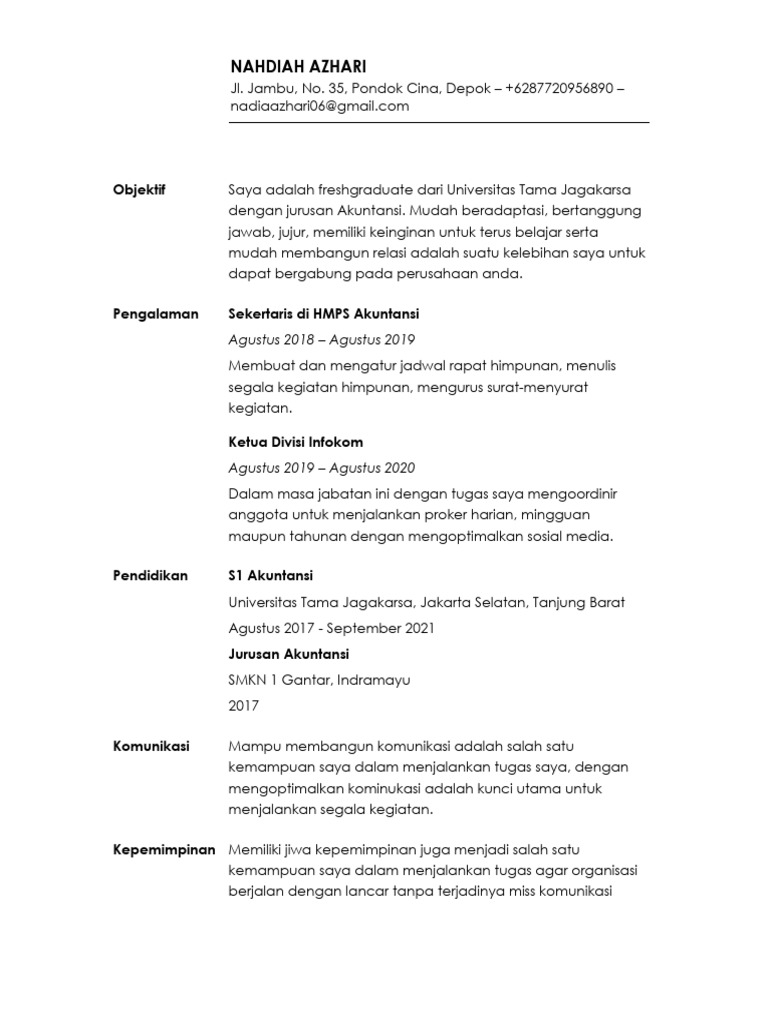 CV & Biodata Nadia | PDF | Karier & Perkembangan | Pengembangan Diri