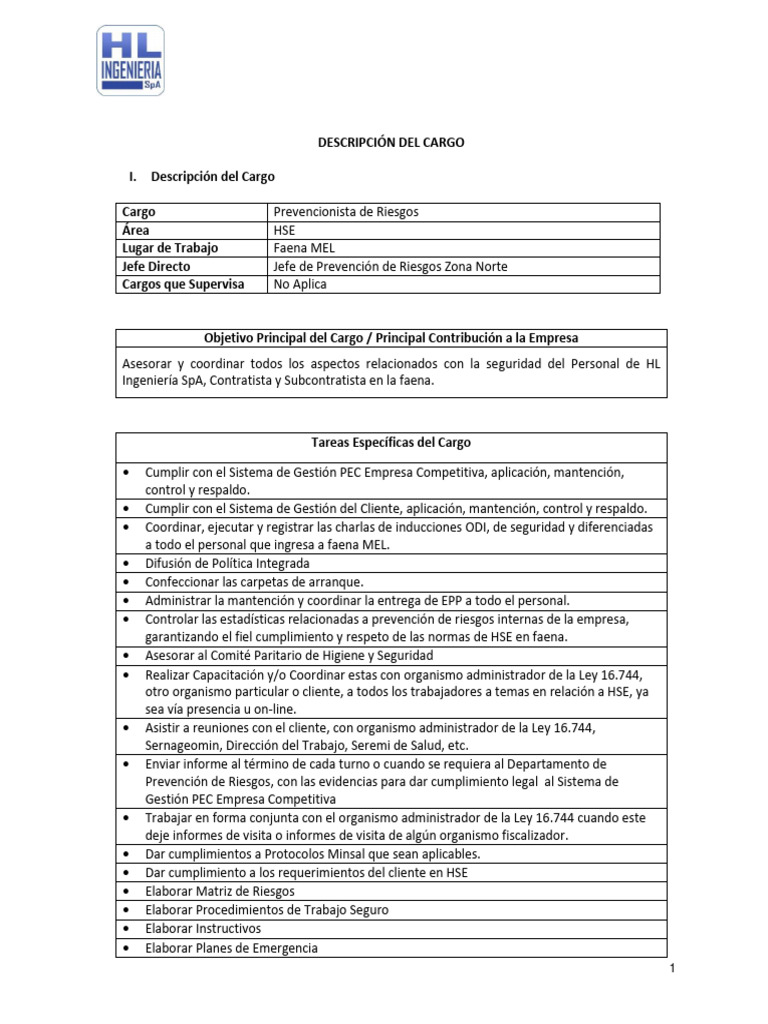 Descriptor de Cargo - Prevencionista de Riesgos | PDF | Business | Gestión de la calidad