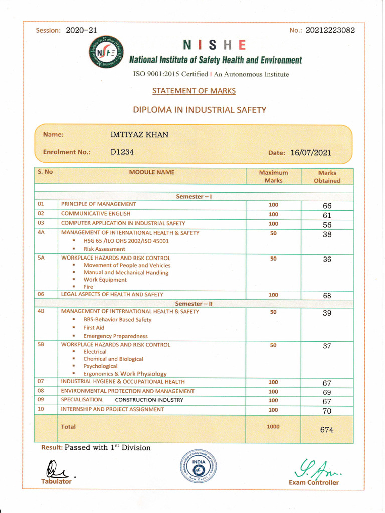Dimploma Marksheet & Certificate | PDF | Occupational Safety And Health ...