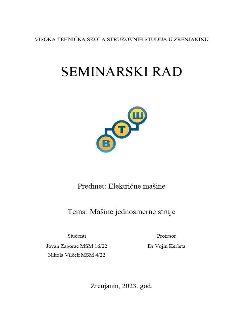 Seminarski Rad - Električne Mašine - Mašine Jednosmerne Struje | PDF