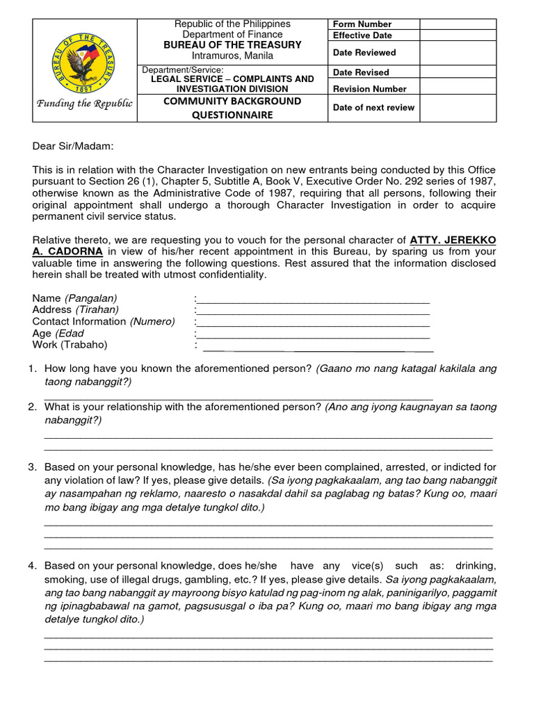 Community Background Questionnaire For Atty. Jerekko A. Cadorna | PDF ...